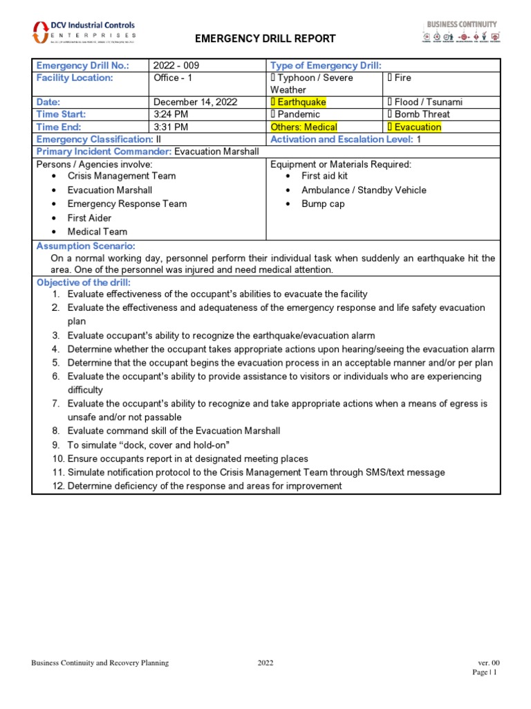 Earthquake and Medical Emergency Drill Report - Office 1 (December 14 ...