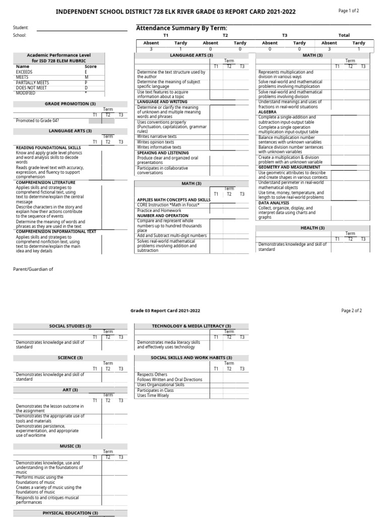 Grade 3 Sample Report Card | PDF | Reading Comprehension | Mathematics