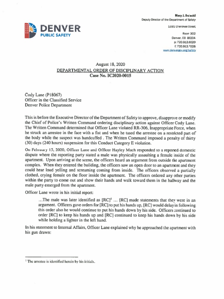 Denver Police Officer Cody Lane 2020 Discipline Letter | PDF