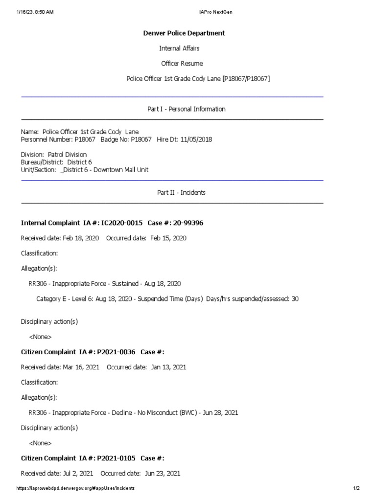 Denver Police Officer Cody Lane Internal-Affairs History Summary ...