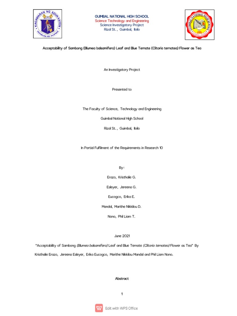 Acceptability of Sambong Blumea Balsamifera Leaf and Blue Ternate Clitoria Terna | PDF