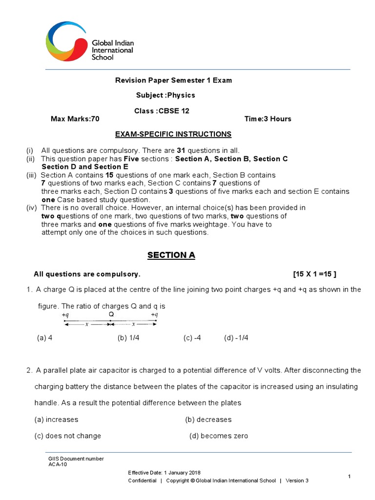 CBSE Grade 12 Revision Paper (Physics) Semester 1 Exam | PDF | Inductor ...
