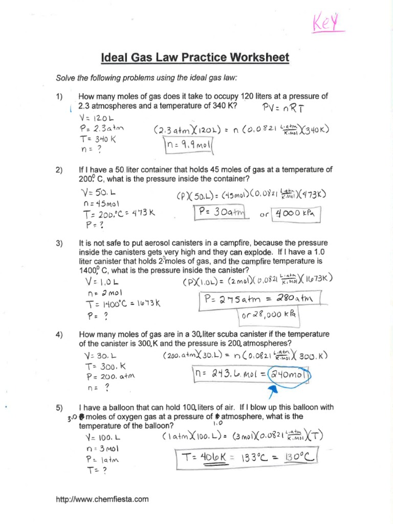 12 - Ideal Gas Law Practice Worksheet Key | PDF