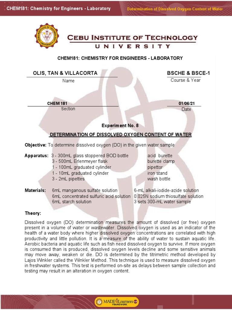 CHEM181 Experiment8 DetermiantionofDissolvedOxygen | PDF | Titration | Chemistry