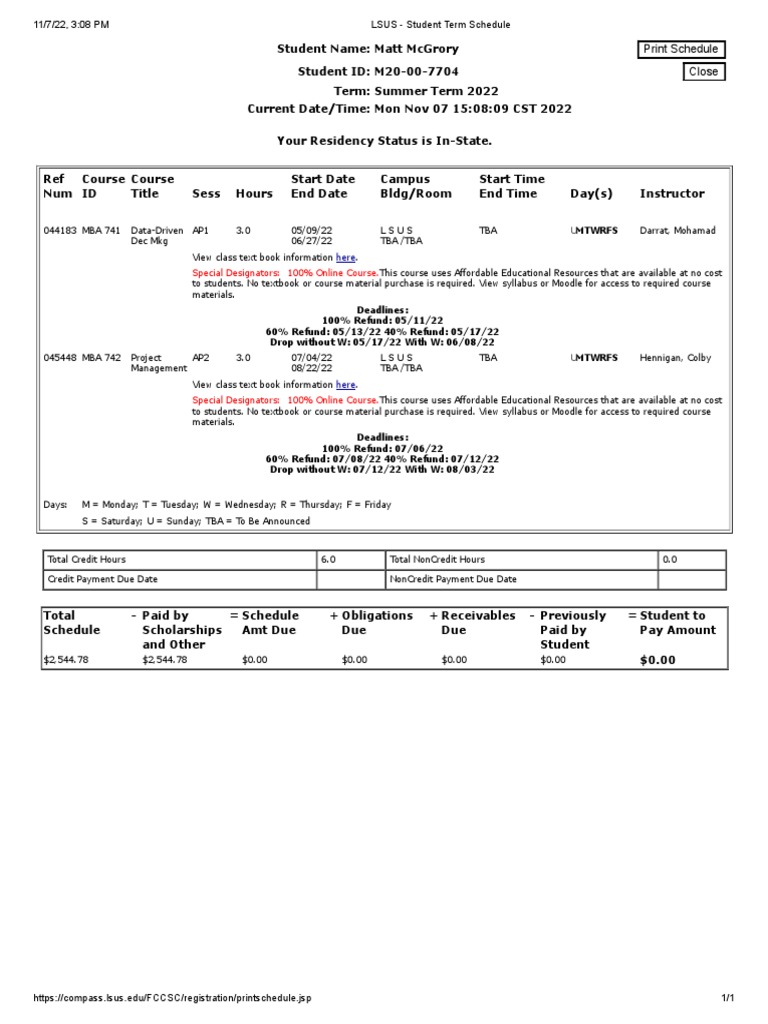 LSUS Summer 2022 Course Schedule | PDF | Textbook