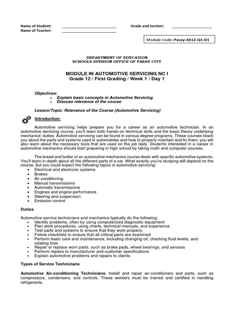 Automotive Servicing Module | PDF | Brake | Car