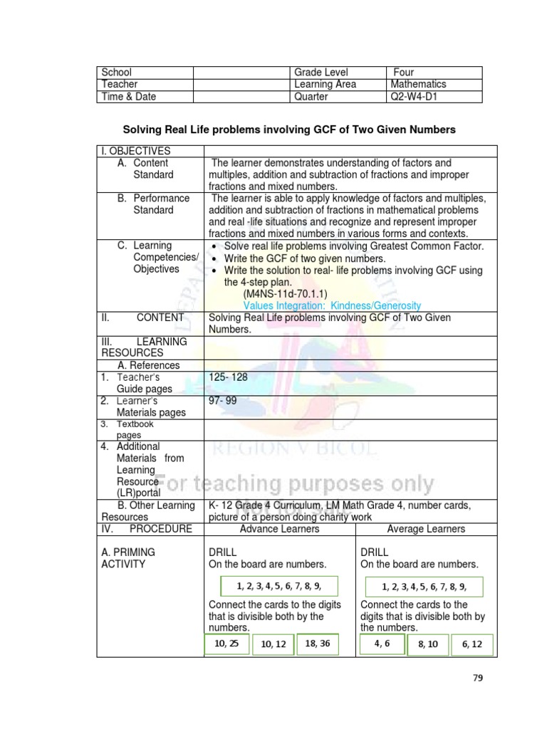 M4NS-11d-70.1.1 Solving Real Life Problems Involving GCF of Two Given Numbers (1) - 052004 | PDF ...