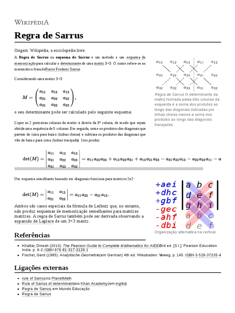 Regra de Sarrus: determinante matriz 3x3 | PDF | Álgebra | Álgebra linear