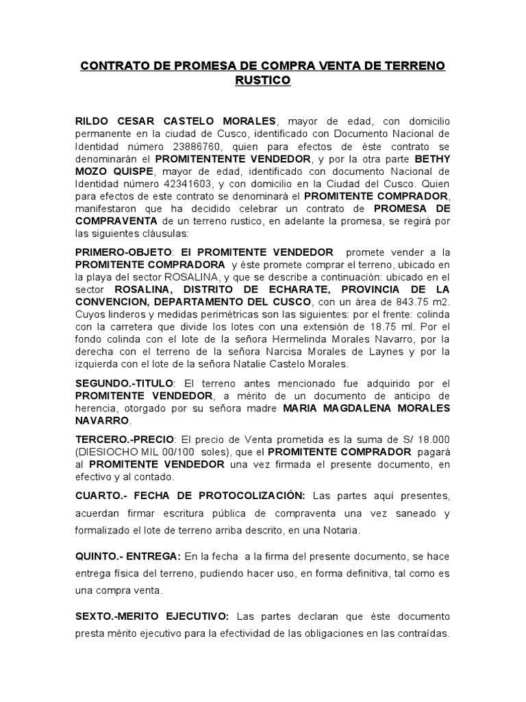 Contrato de Promesa de Compra Venta de Terreno Rustico | PDF ...