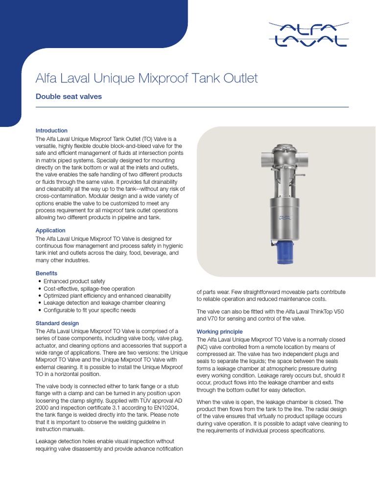 Alfa Laval Unique Mixproof Tank Outlet Valve Unique To Product Leaflet ...