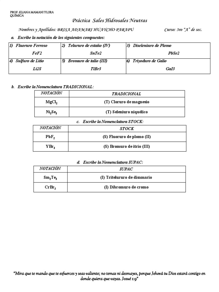 Brisa Adamari Huaycho Parapu - Práctica Sales Hidrosales Neutras | PDF