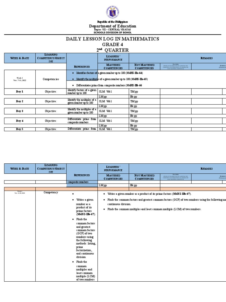 Daily Lesson Log in Math 4 | PDF | Decimal | Notation