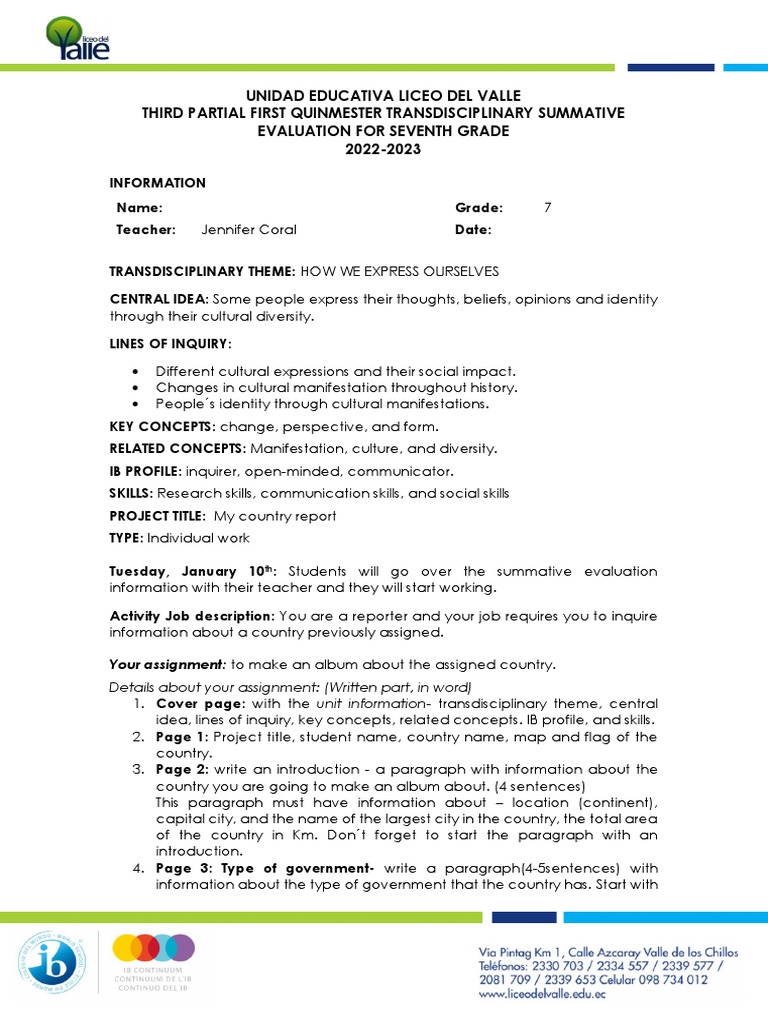7thgrade Third Partial Transdisciplinary Summative Evaluation Information2023 | PDF