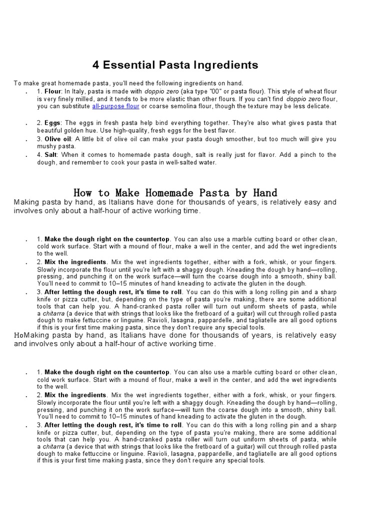 Essential Ingredients for Homemade Pasta | PDF | Pasta | Dough