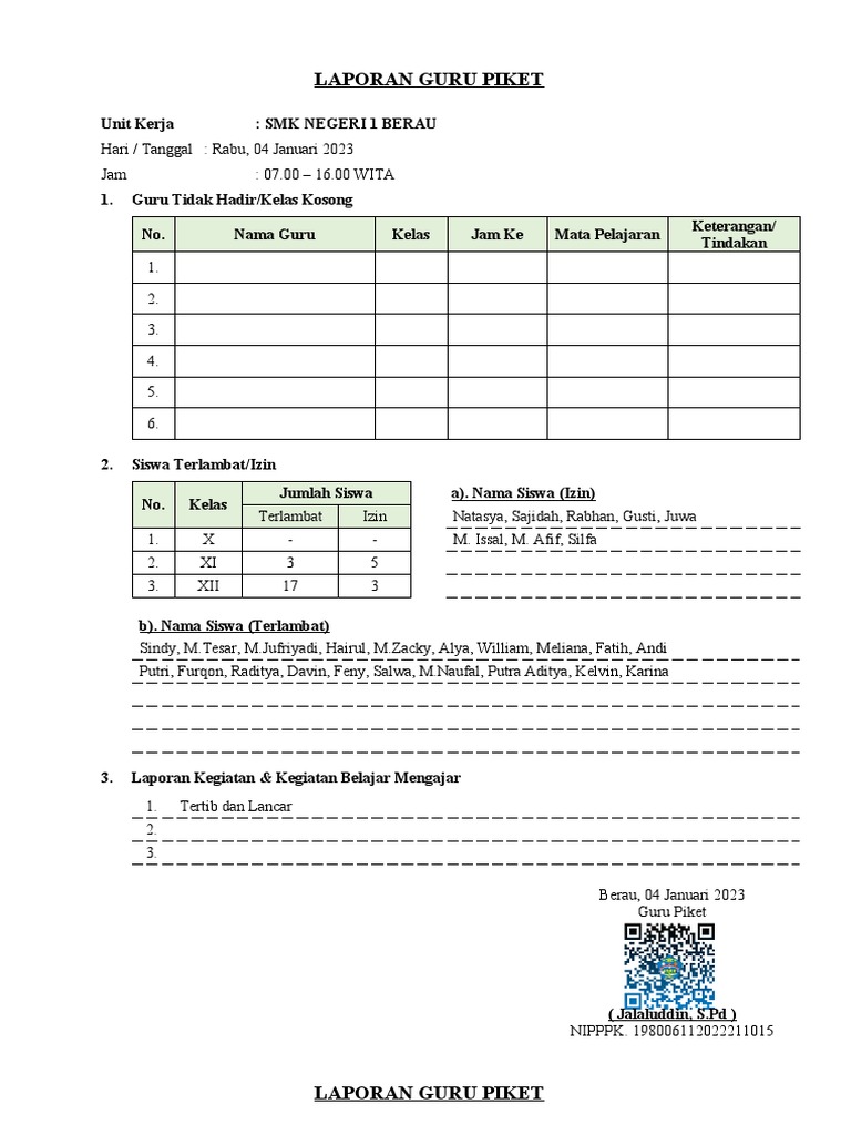 Format Laporan Guru Piket | PDF