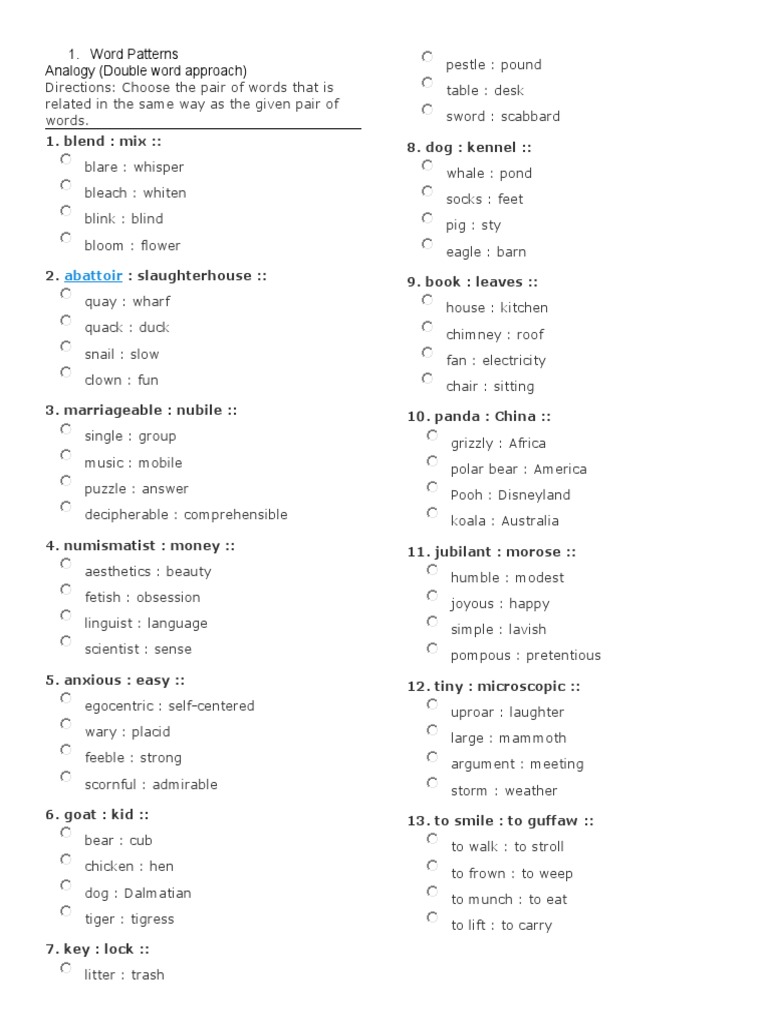 Word Patterns Analogy Double Word | PDF