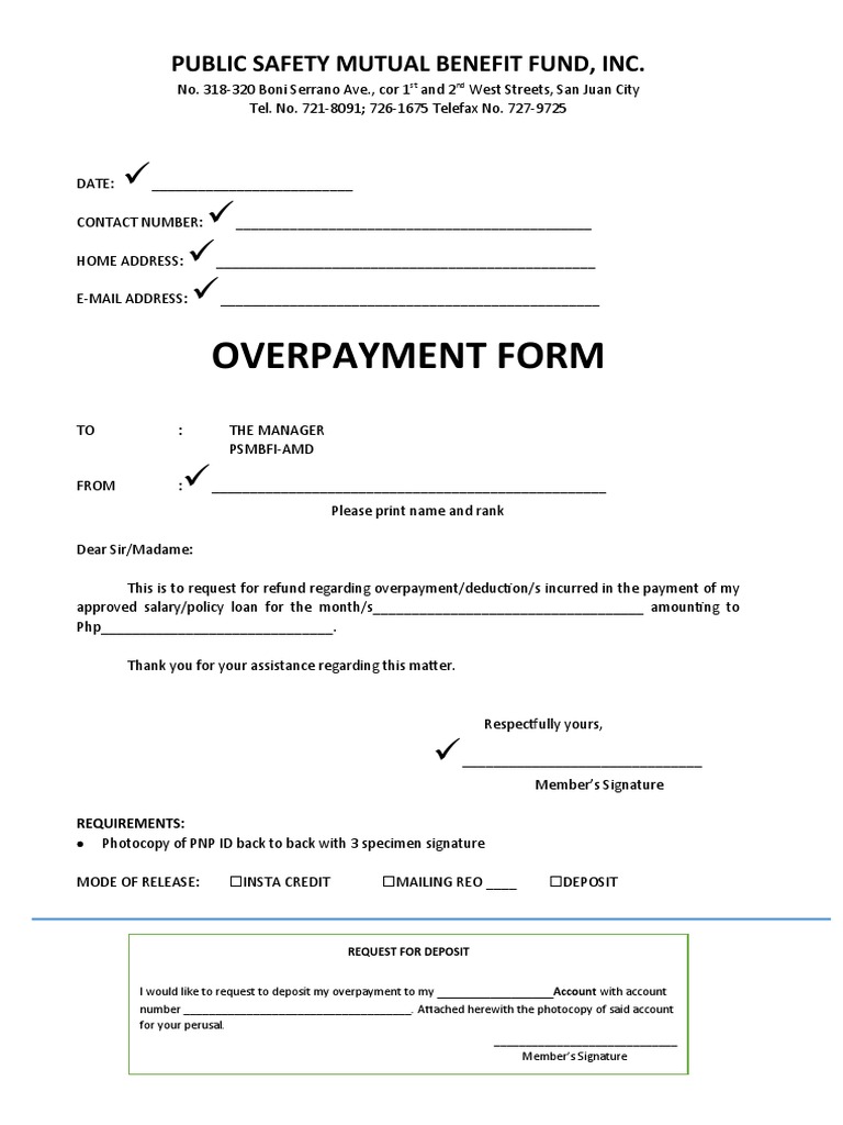 PSMBFI Overpayment Refund Request Form | PDF | Finance & Money Management