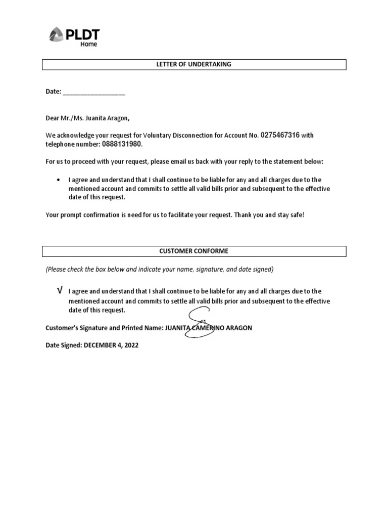PLDT Letter of Undertaking | PDF
