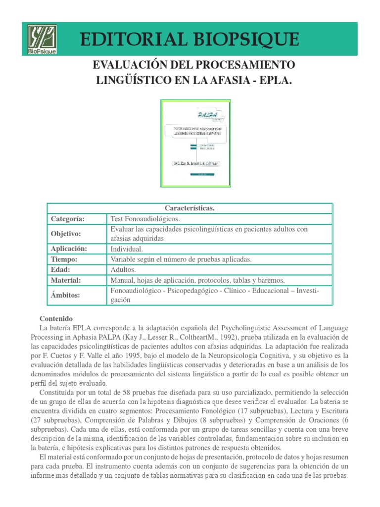 Fono 011 Evaluacion Del Procesamiento Linguistico en La Afasia EPLA | PDF | Palabra | Neurociencia