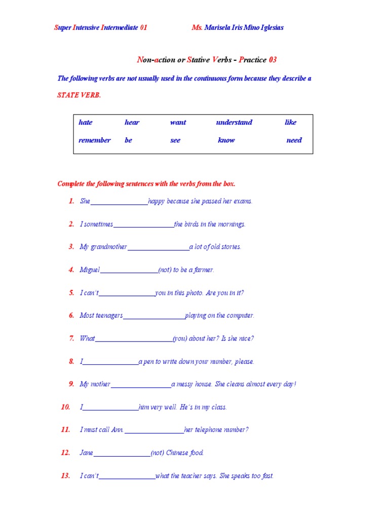 Non Action 0r Stative Verbs (Practice 03) | PDF