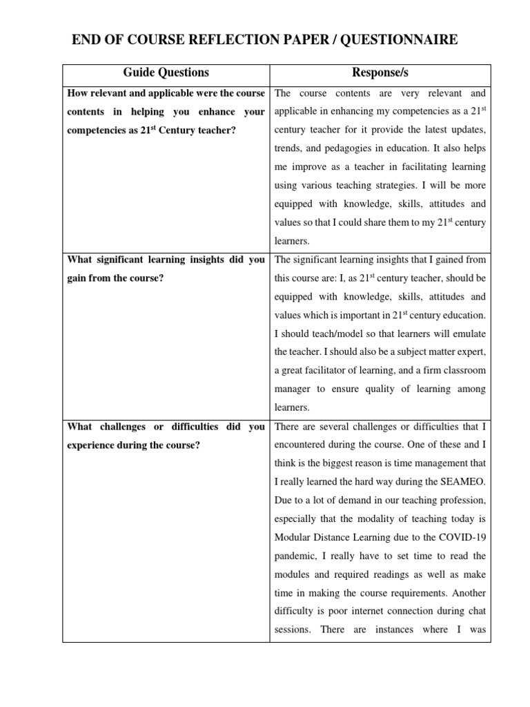 End-of-Course Reflection - Ghebre D. Pallo | PDF | Teaching Method ...