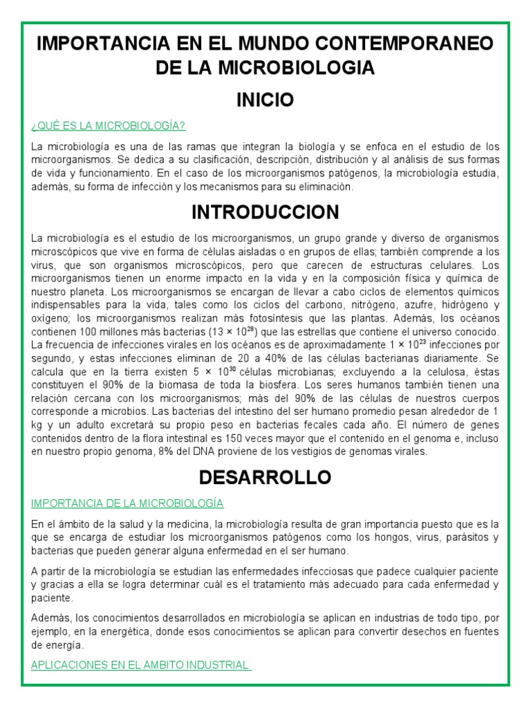 Importancia en El Mundo Contemporaneo de La Microbiologia | PDF