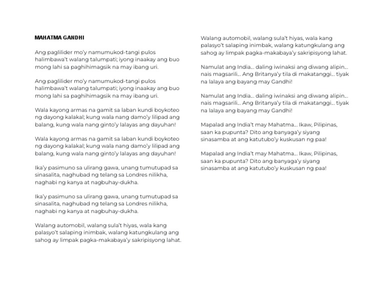 Mahatma Gandhi Poem in Tagalog | PDF