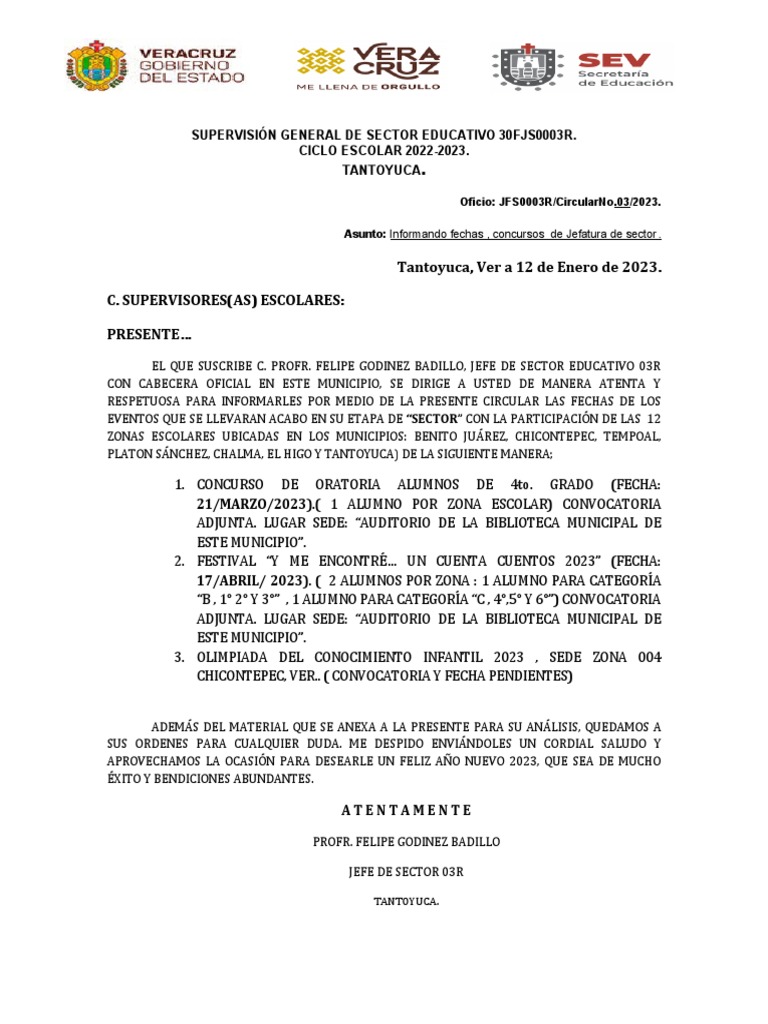 Oficio Circular No. 03 Eventos de Jefatura de Sector 2023. | PDF