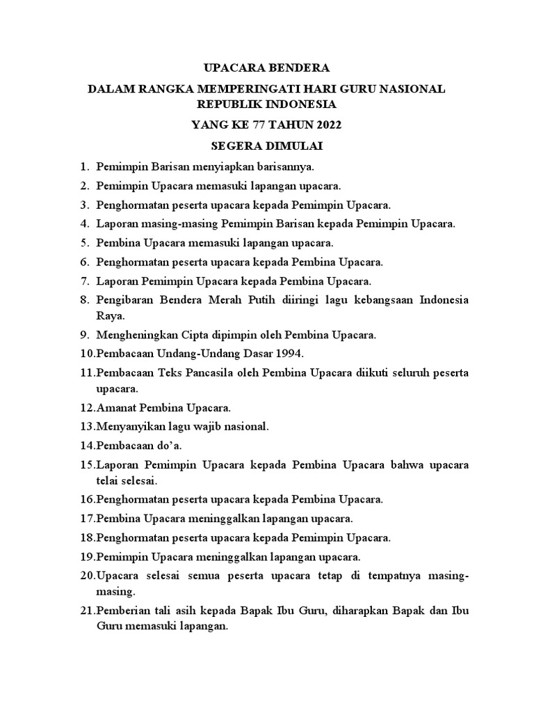 Teks Protokol Upacara Hari Guru | PDF | Perjalanan | Kajian Bahasa Asing