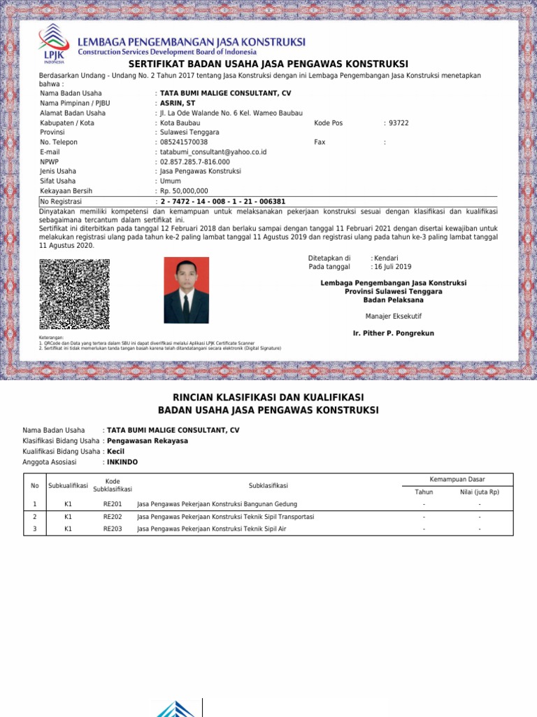 Sertifikat Badan Usaha Jasa Pengawas Konstruksi | PDF