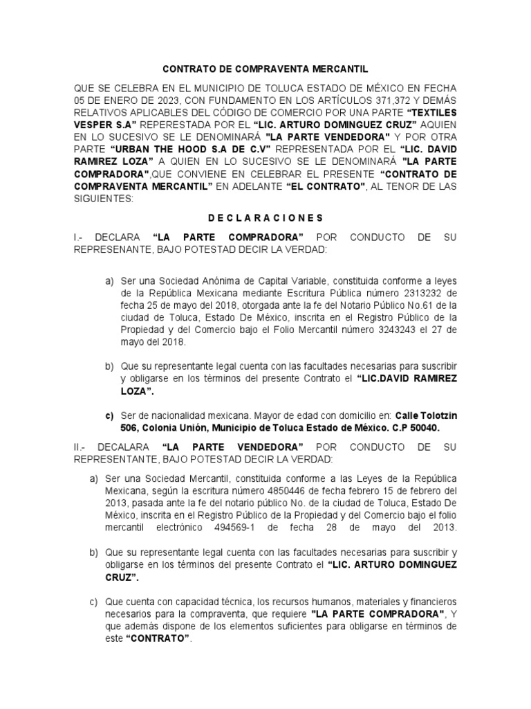 Contrato de Compraventa Mercantil en Toluca | PDF | Derecho