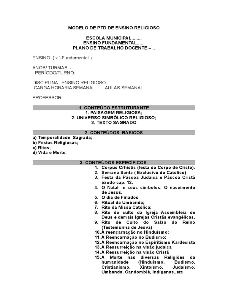 Modelo de PTD Ensino Religioso | PDF | Reencarnação | Pedagogia