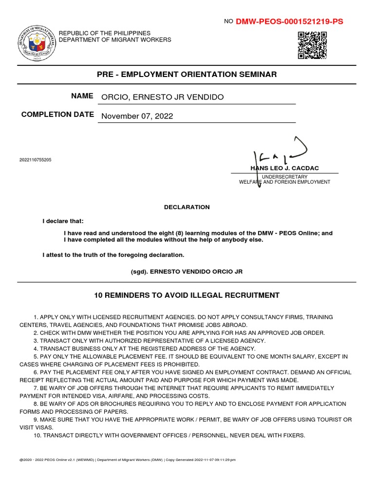 Pre-Employment Orientation Seminar Certificate | PDF | Fee | Travel Visa