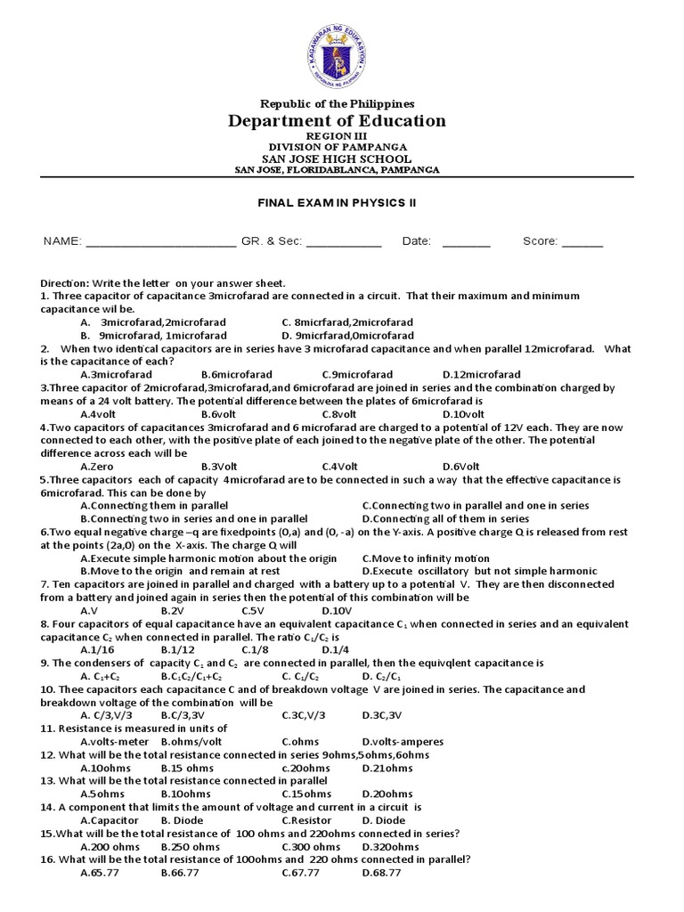 San Jose High School Physics II Final Exam Review | PDF | Series And Parallel Circuits | Capacitor