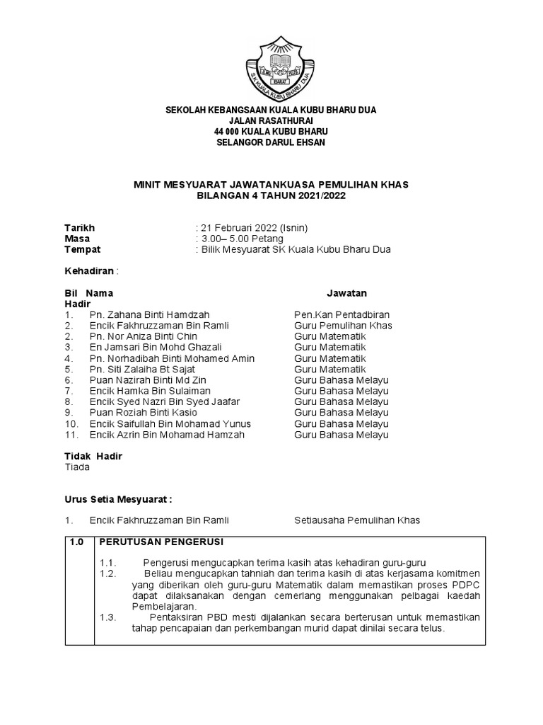 Minit Mesyuarat Pemulihan Khas 4 2021-2022 | PDF