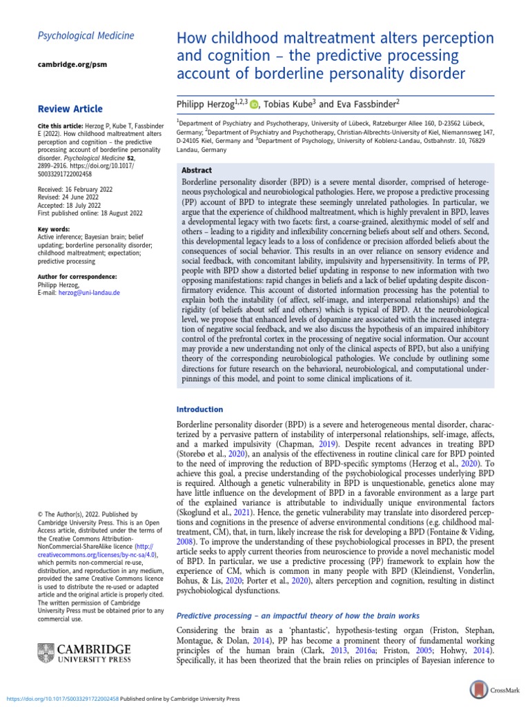 How Childhood Maltreatment Alters Perception and Cognition The Predictive Processing Account of ...