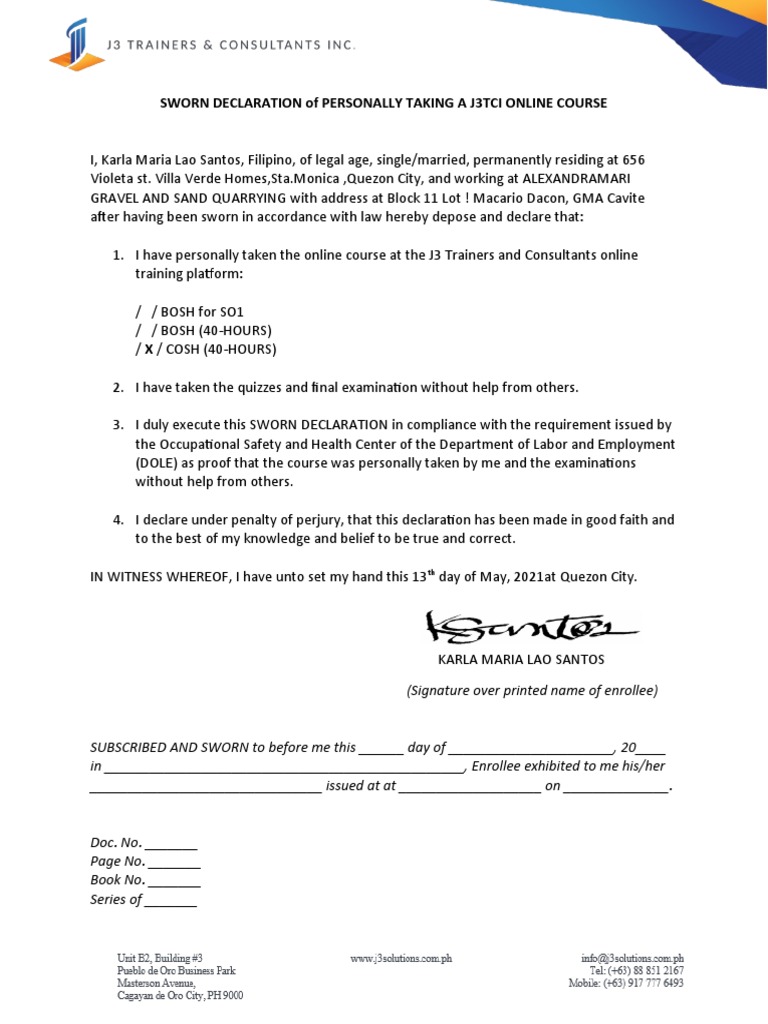 Sworn Declaration of Personally Taking A j3 Online Course | PDF