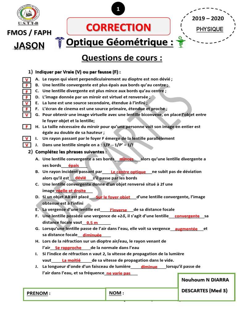 Cours et exercices d'optique géométrique | PDF | Réfraction | Indice de ...