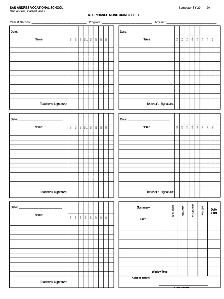 Attendance Monitoring Sheet Template | PDF