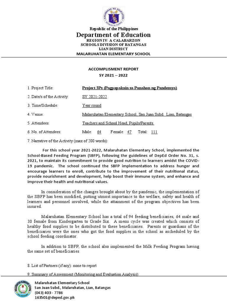 PROJECT 3Ps ACCOMPLISHMENT REPORT | PDF | Food Security | Health Sciences