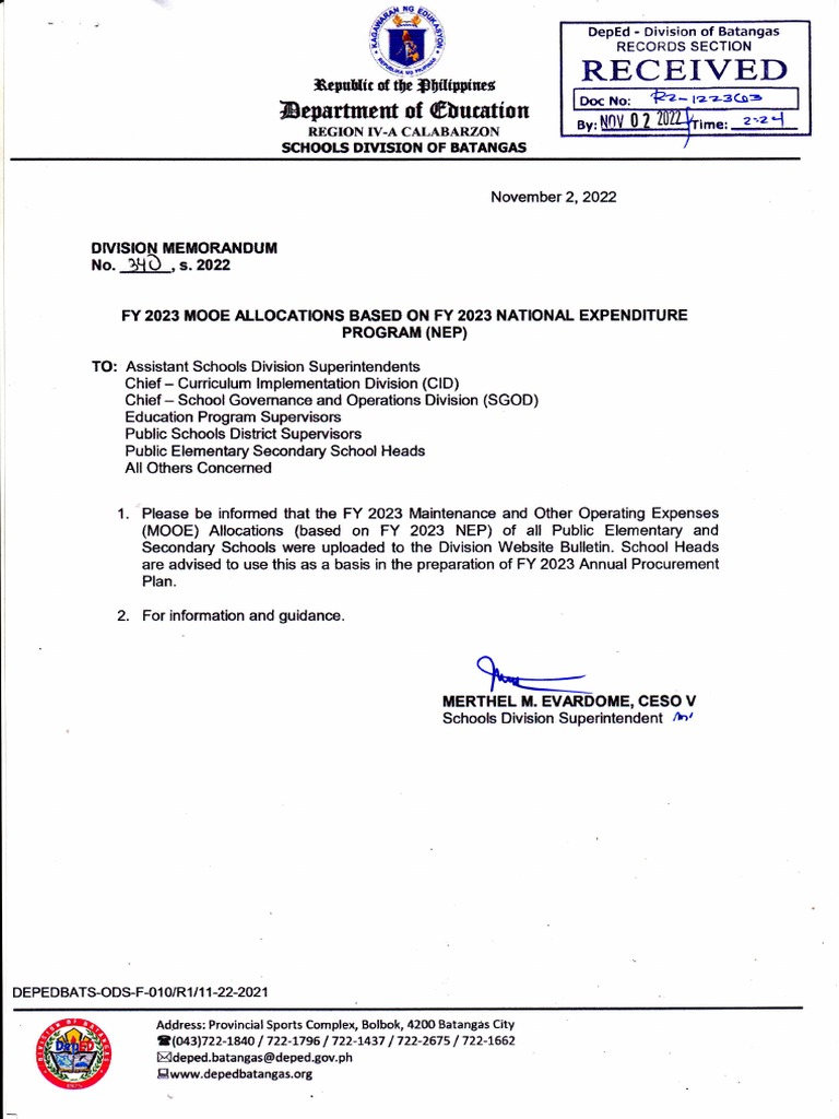 Division Memorandum - s2022 - 340 - FY 2023 MOOE ALLOCATION BASED ON FY ...