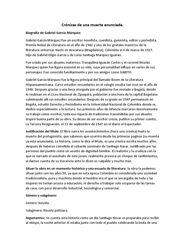 Crónica de una muerte anunciada | PDF | Gabriel García Márquez