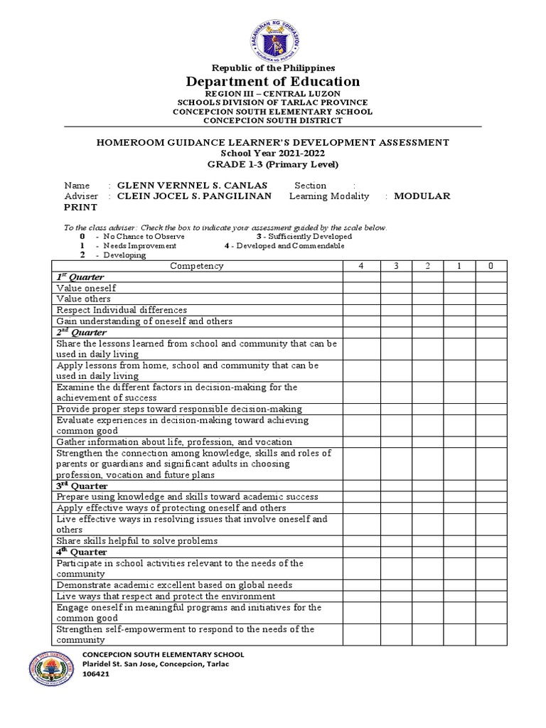 Gr. 1 3 HG Assessment Tool | PDF | Learning | Behavioural Sciences