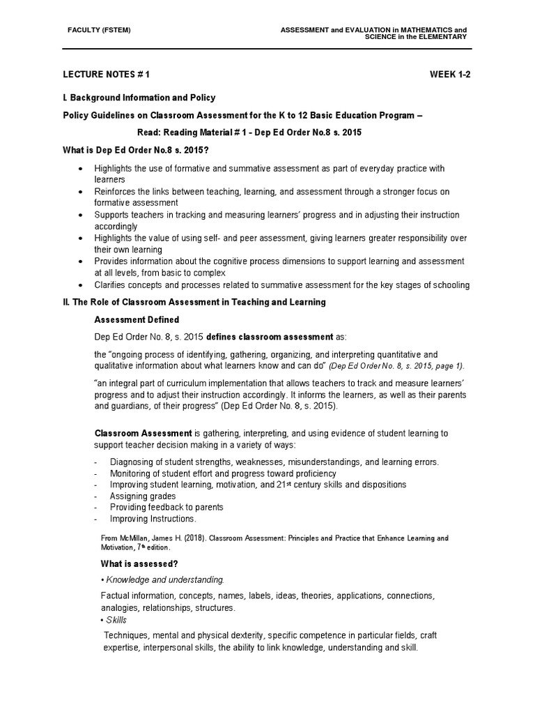 Lecture Notes Week 1-2 | PDF | Educational Assessment | Learning