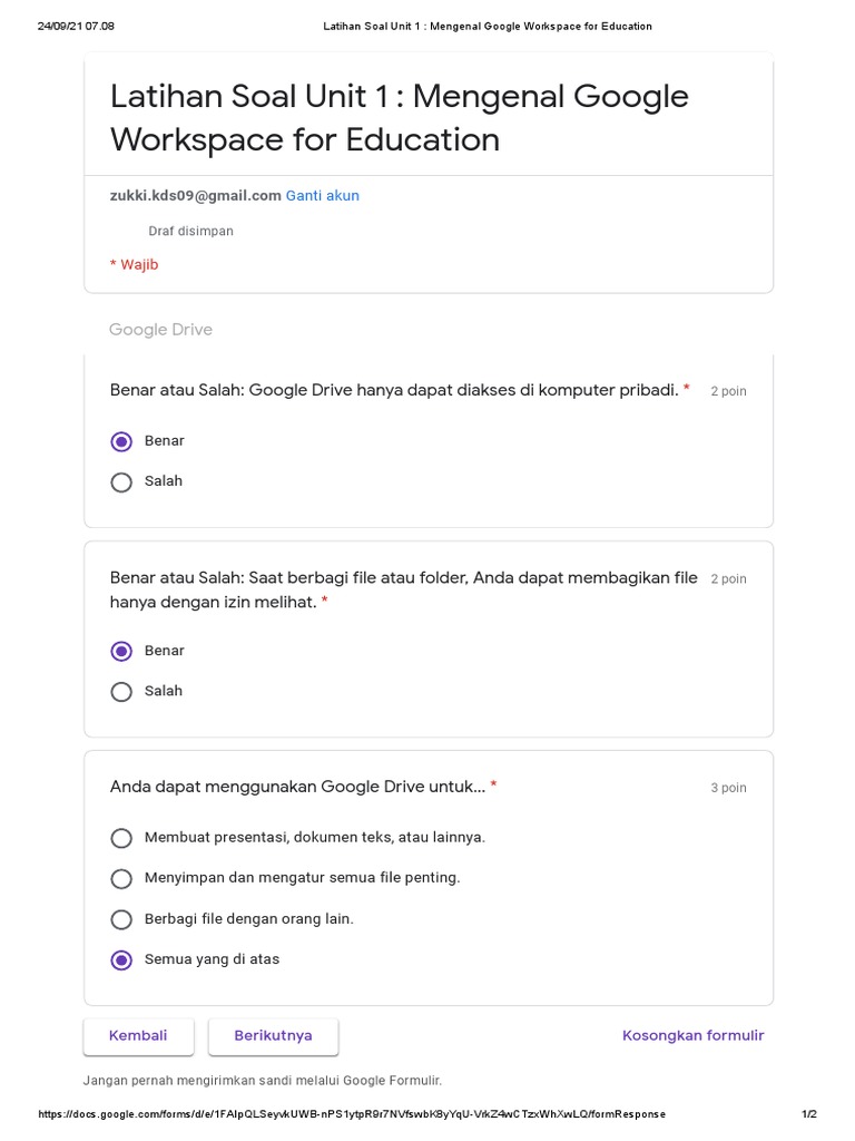 Latihan Soal Unit 1 - Mengenal Google Workspace For Education 1 | PDF