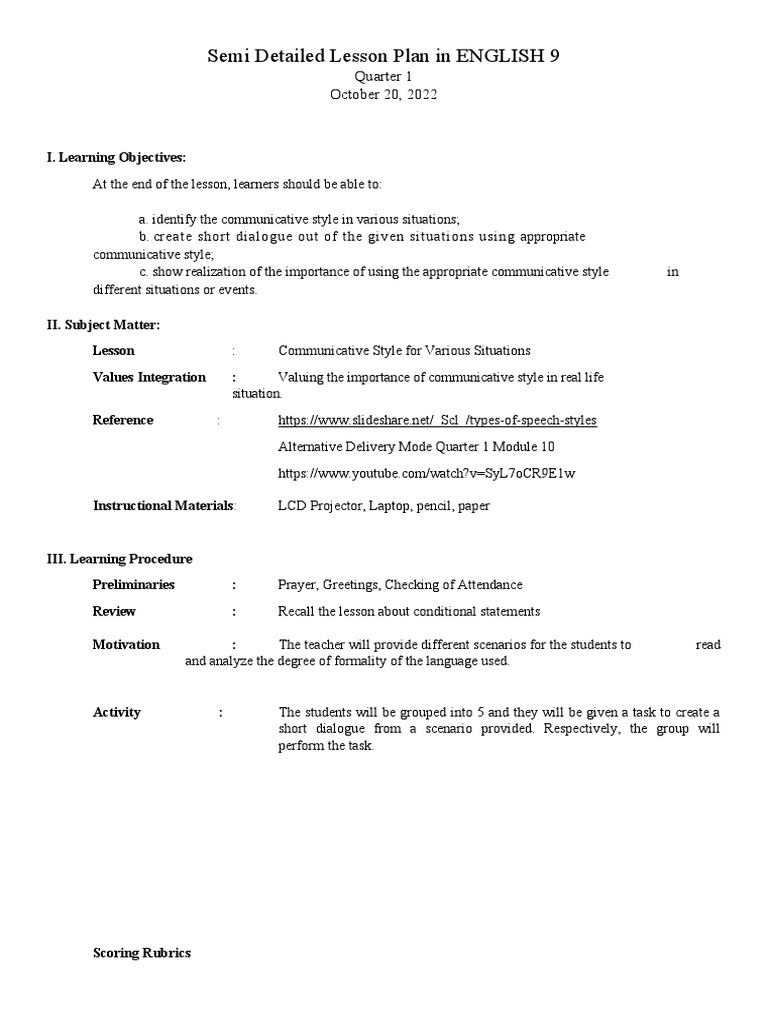 Semi Detailed Lesson Plan Co1 | PDF | Learning | Lesson Plan