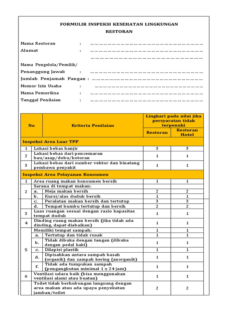 Formulir Inspeksi Kesehatan Restoran | PDF
