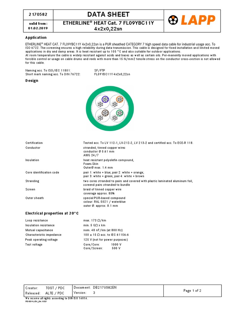 Data Sheet: 4x2x0,22sn | PDF | Electrical Conductor | Wire