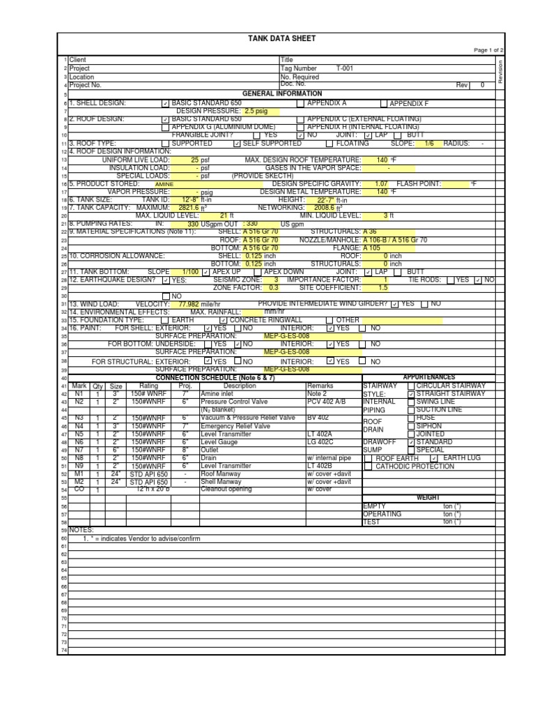 Tank Data Sheet Specifications | PDF | Pipe (Fluid Conveyance) | Roof
