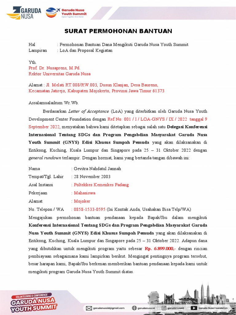 Surat Permohonan, RAB Dan General Rundown Garuda Nusa Youth Summit | PDF